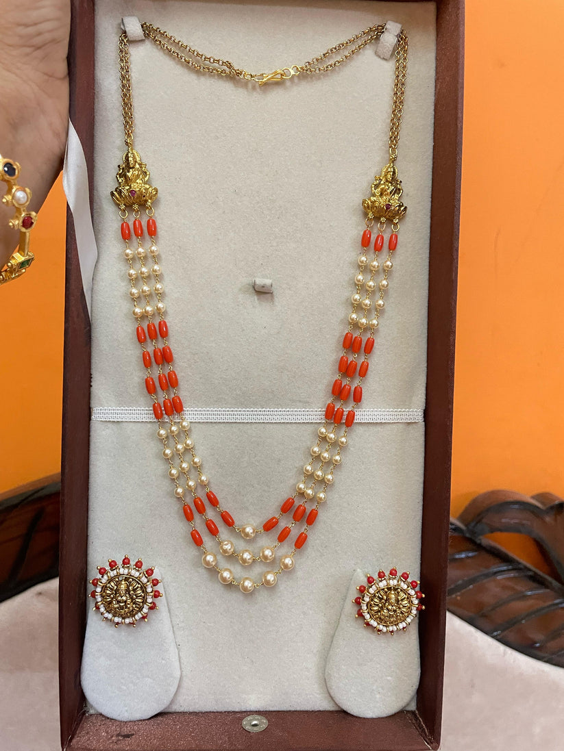 Lakshmi coral chain with lakshmi stud – Kankanam - South India Jewellery