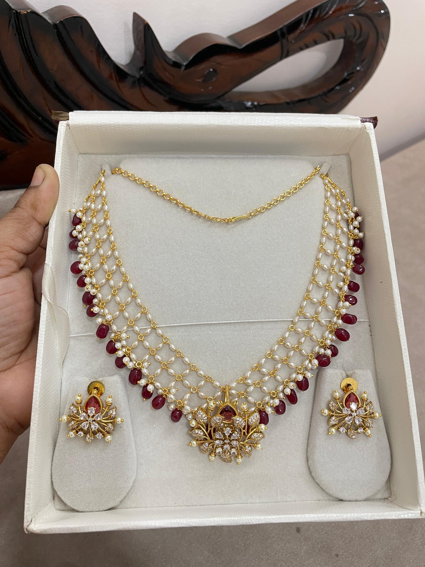 Classic Pearl zali chain with Ruby beads and Cz stone locket – Kankanam ...