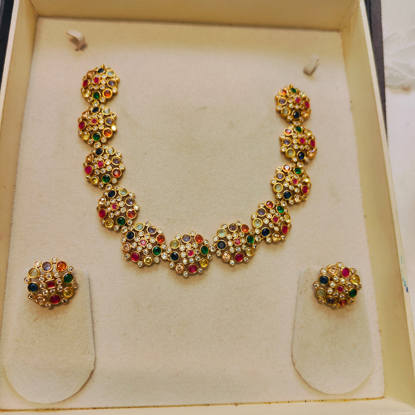 Cz stone navaratna necklace set premium quality gold replica design ...