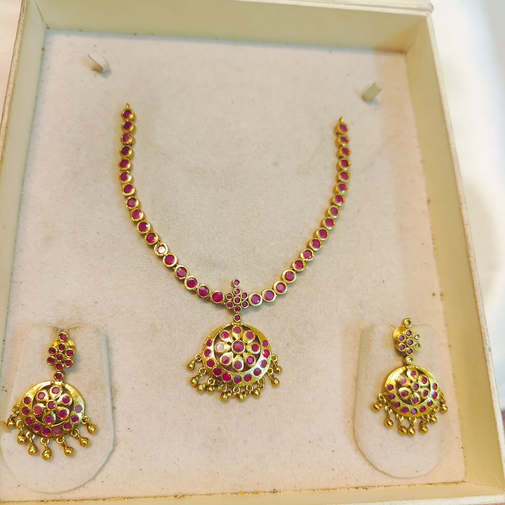Traditional ruby pink Kemp necklace set – Kankanam - South India Jewellery