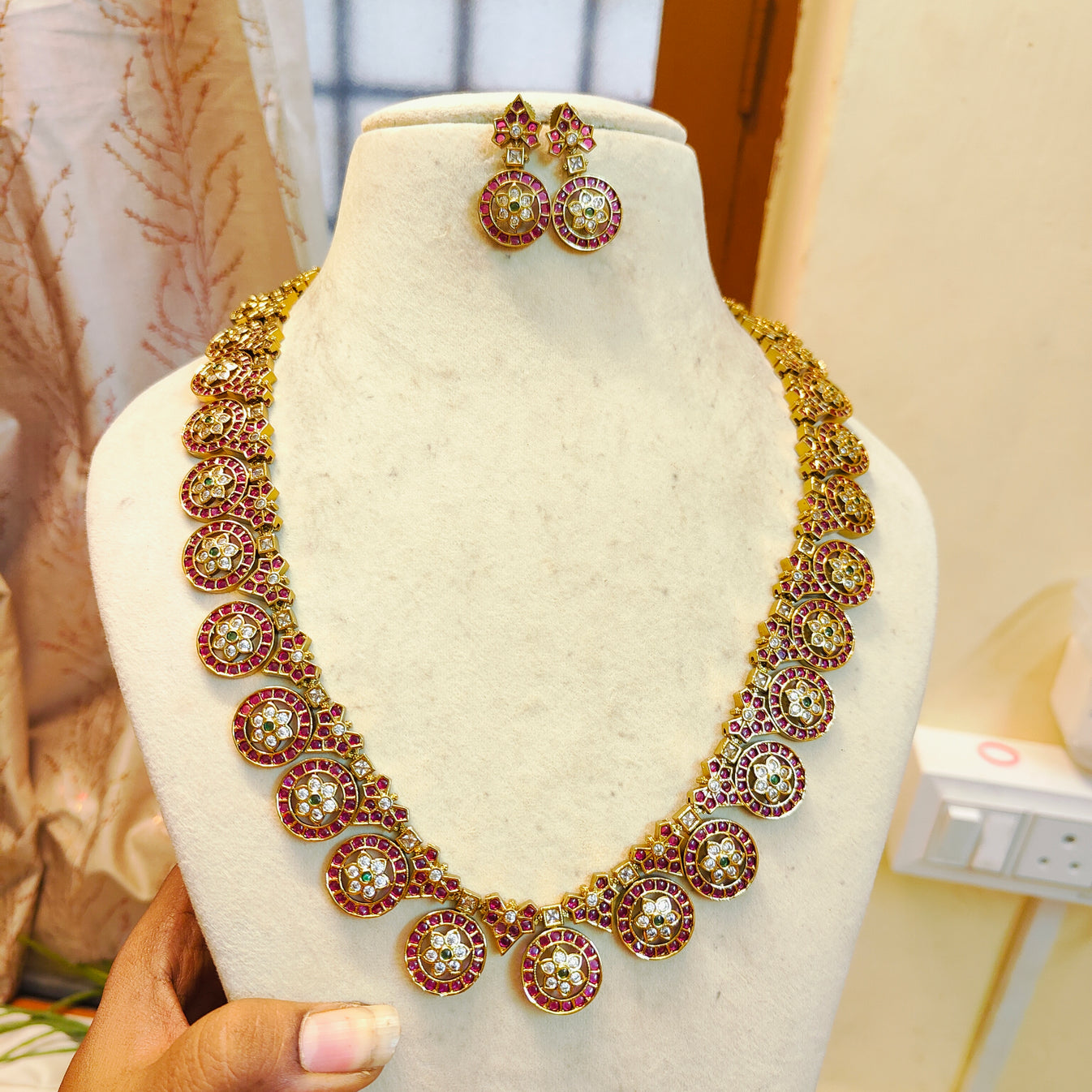 Radiant ruby red antique floral haram – Kankanam - South India Jewellery